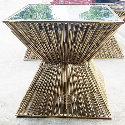 China WENDING Gold Radial Tube Bundle Square Bar Table – Luxury X-Hourglass Stand for sale