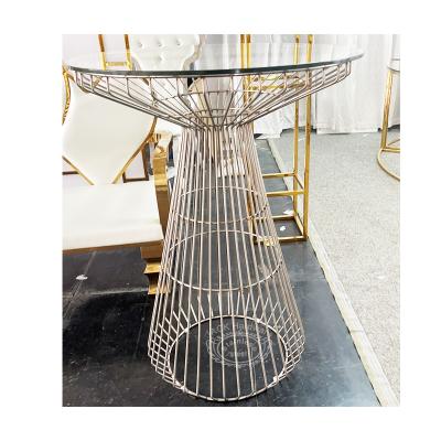 China WENDING Rose Gold Cage-Base Round Cocktail Bar Table – Wire Frame Glass Top Stand for sale