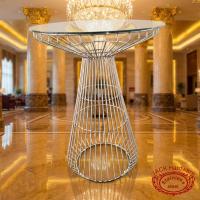 China WENDING Rose Gold Cage-Base Round Cocktail Bar Table – Wire Frame Glass Top Stand for sale