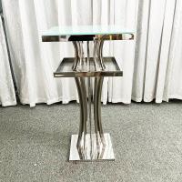 China WENDING Silver Double-Tier Square Bar Display Stand – Arc Leg Glass Top Hotel Service Table for sale