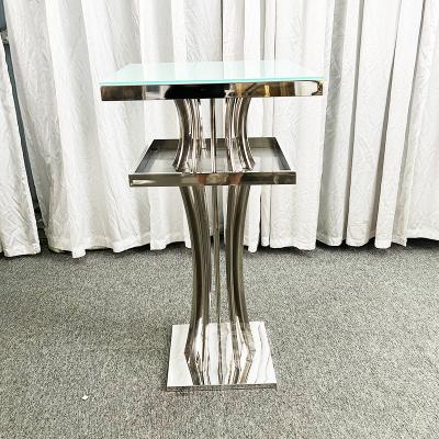 China WENDING Silver Double-Tier Square Bar Display Stand – Arc Leg Glass Top Hotel Service Table for sale