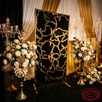 China WENDING Black & Gold Laser-Cut Peony Floral Screen Backdrop – Chinese Art Panel Stand for sale