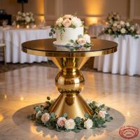 China WENDING Gold Hourglass Ball-Node Cake Table – Dark Glass Top Trumpet Base Wedding Display for sale