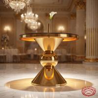 China WENDING Gold Hourglass Ball-Node Cake Table – Dark Glass Top Trumpet Base Wedding Display for sale