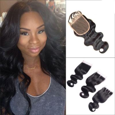 China Brazilian Virgin Hair Body Wave Lace Closure 4x4 Free Middle Part No Tangle 130 Density for sale