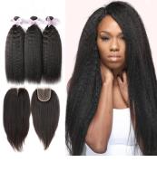China Peruvian Kinky Straight Human Hair Weave Closure With Three Bundles Natural Color for sale