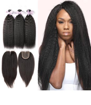 China Peruvian Kinky Straight Human Hair Weave Closure With Three Bundles Natural Color for sale