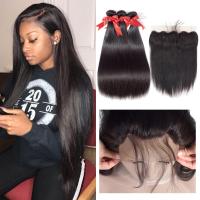 China 8 Inch 100 Peruvian Human Hair Weave Straight Bundles with Lace Frontal 1B Natural Color for sale