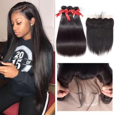 China 8 Inch 100 Peruvian Human Hair Weave Straight Bundles with Lace Frontal 1B Natural Color for sale