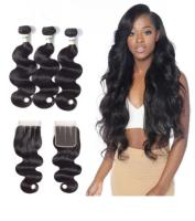 China 100% Virgin Brazilian Wavy Hair Bundles 3pcs with 4x4 Swiss Lace Closure 100g Each 10A Grade for sale