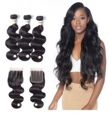 China 100% Virgin Brazilian Wavy Hair Bundles 3pcs with 4x4 Swiss Lace Closure 100g Each 10A Grade for sale