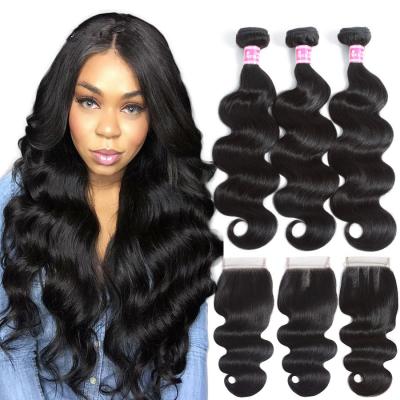 China Double Weft Virgin Cambodian Hair Extensions Body Wave Bundles 3 With Closure 10A Grade 8-30 Inch for sale