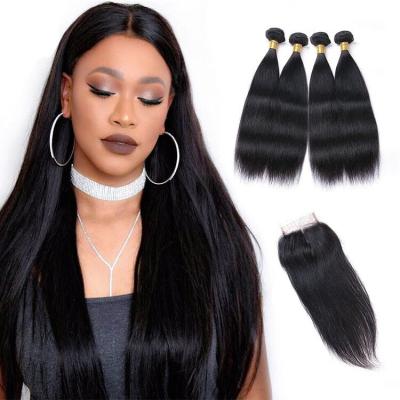 China 30 Inch 4 Bundles Peruvian Virgin Human Hair Weave with Closure Straight 10A Grade for sale