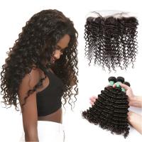 China 8A Virgin Brazilian Hair Deep Wave Bundles with Lace Frontal 100g Natural Black 8-40 Inch for sale
