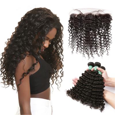 China 8A Virgin Brazilian Hair Deep Wave Bundles with Lace Frontal 100g Natural Black 8-40 Inch for sale