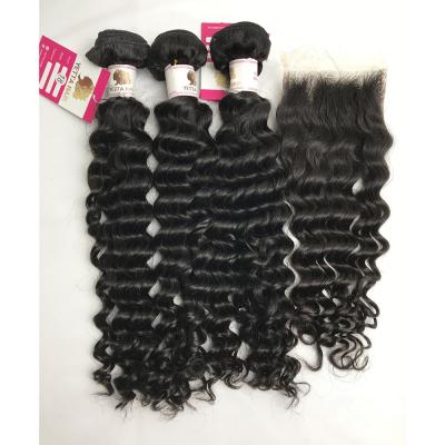 China SGS 100% Brazilian Virgin Hair Remy Human Deep Wave Hair Bundles 95-100g with Closure for sale