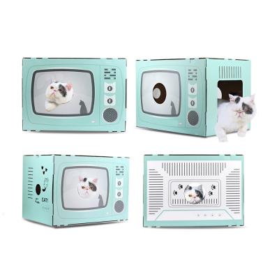 China Cat House Scratcher Retro TV Shape Cat Lounge with Scratch Pad Corrugated Cardboard Cave Bed Scratcher for sale