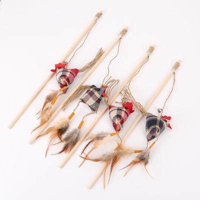 China Wood Luxury Chicken Shaped Cat Toy Stick With Feather Interactive for sale