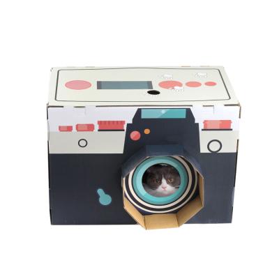 China Cat House Scratcher Retro Camera Shape Cat Lounge with Scratch Pad Corrugated Cardboard Cave Bed Scratcher for sale