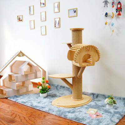 China 123cm Large Solid Wood Cat Climbing Tree Cat Activity Tower With Scratching Posts for sale