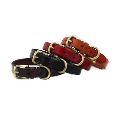 China Custom Handmade Cattlehide Dog Collar Leather with Bronze Metal Plate Can Be Engraved Pet ID Collars for Dogs for sale
