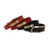 China Custom Handmade Cattlehide Dog Collar Leather with Bronze Metal Plate Can Be Engraved Pet ID Collars for Dogs for sale