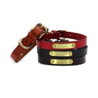 China Custom Handmade Cattlehide Dog Collar Leather with Bronze Metal Plate Can Be Engraved Pet ID Collars for Dogs for sale