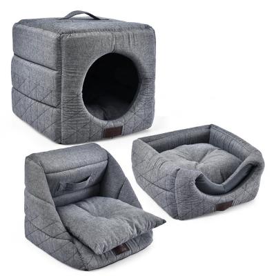 China 3 In 1 Folding Cat Cave Dir Resistant Comfortable Pet Bed Grey Cat Bed House for sale
