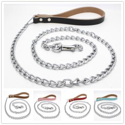 China Matching Cowhide Dog Neck Chain Chrome Plated Iron Traction Dog Leash Chain for sale