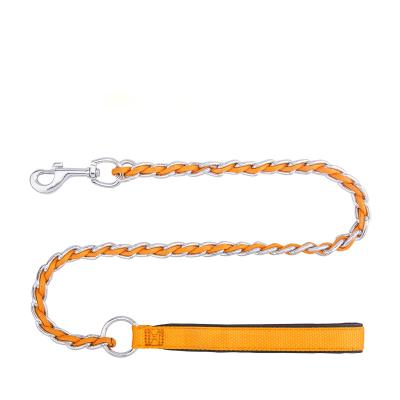 China Chew Proof Stainless Steel Collar Leash Harness Set Training Dog Leash with Soft Handle for sale