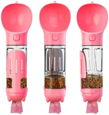 China 4 In1 Portable Leakproof Pink Dog Water Bottle With Food Container & Waste Bag for sale