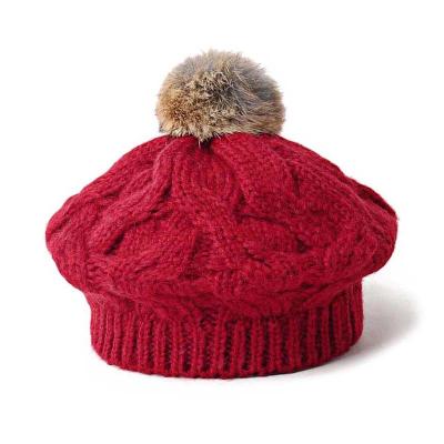 China Winter Women Knit Beanie Hat 56cm Pom Pom Fur Beanie BIO Washed Cotton Custom OEM for sale