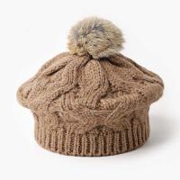 China Winter Women Knit Beanie Hat 56cm Pom Pom Fur Beanie BIO Washed Cotton Custom OEM for sale
