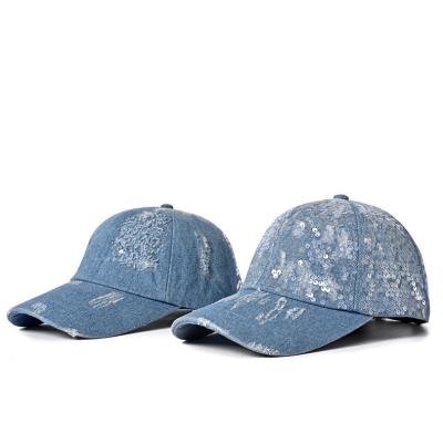 China OEM Custom Blue Denim Cotton Twill Baseball Cap 55cm Embroidery Metal Buckle for sale