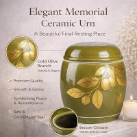 China Olive Green Glazed Ceramic Ash Urn Customized Design Jar For Cremation Ashes for sale