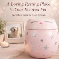 China Cute Cat Design Ceramic Pet Cremation Urn Pink Color Star Pattern Porcelain Urn for sale