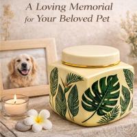 China Minimal Design Modern Ceramic Pet Urns Weatherproof With Botanical Leaves Gold Trim for sale