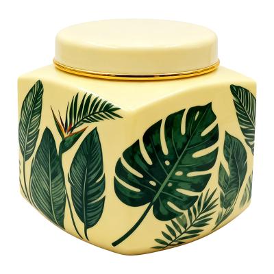 China Minimal Design Modern Ceramic Pet Urns Weatherproof With Botanical Leaves Gold Trim for sale