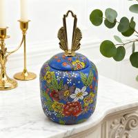 China Decorative Ceramic Jars Ceramic Storage Jar with Lid Blue Floral Pattern Gold Handle for sale