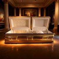 China Modern Gold Finish Wooden Cremation Coffins With Hardware Custom Design for sale