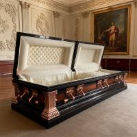 China Smooth Surface Gold Tone Wood Burial Coffin Distinguished Appearance Customization for sale