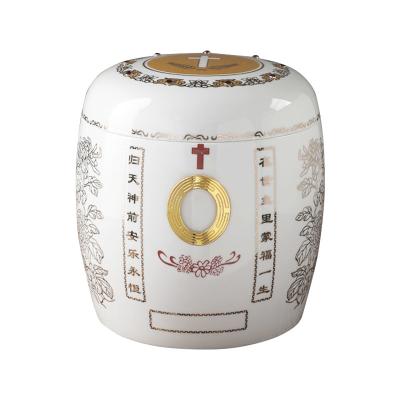 China Calligraphic Style Ceramic Adult Funeral Urns With Cross Symbol Gold Accent for sale