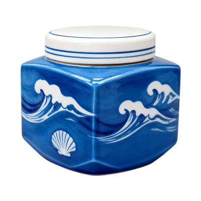 China Hexagon Ceramic Pet Ashes Urn Ocean Wave Theme Ceramic Urns For Dogs for sale