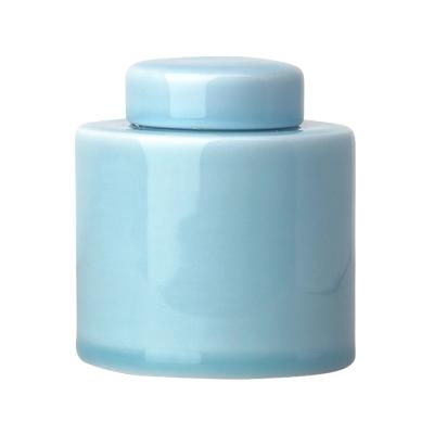 China Glossy Finish Sky Blue Ceramic Storage Jar With Lid Modern Design for sale