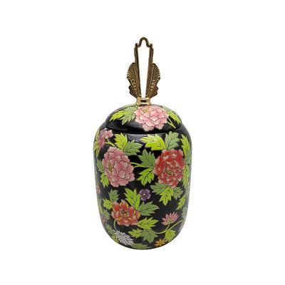 China Custom Design Vintage Style Ceramic Storage Jar Floral Pattern With Gold Lid for sale