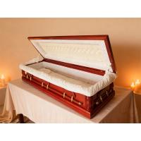 China Europe Style Wooden Burial Casket Wine Red Finish Funeral Coffin For Adults for sale