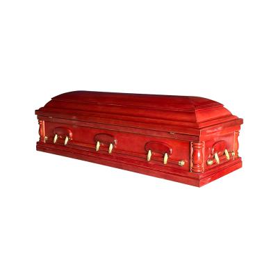 China Europe Style Wooden Burial Casket Wine Red Finish Funeral Coffin For Adults for sale
