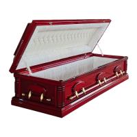 China Europe Style Wooden Burial Casket Wine Red Finish Funeral Coffin For Adults for sale