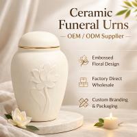 China Ceramic Funeral Urns Ivory Embossed Flower OEM Wholesale for sale