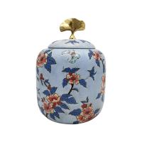 China Ceramic Jars Blue Floral Pet Urn Gold Leaf Lid OEM for sale